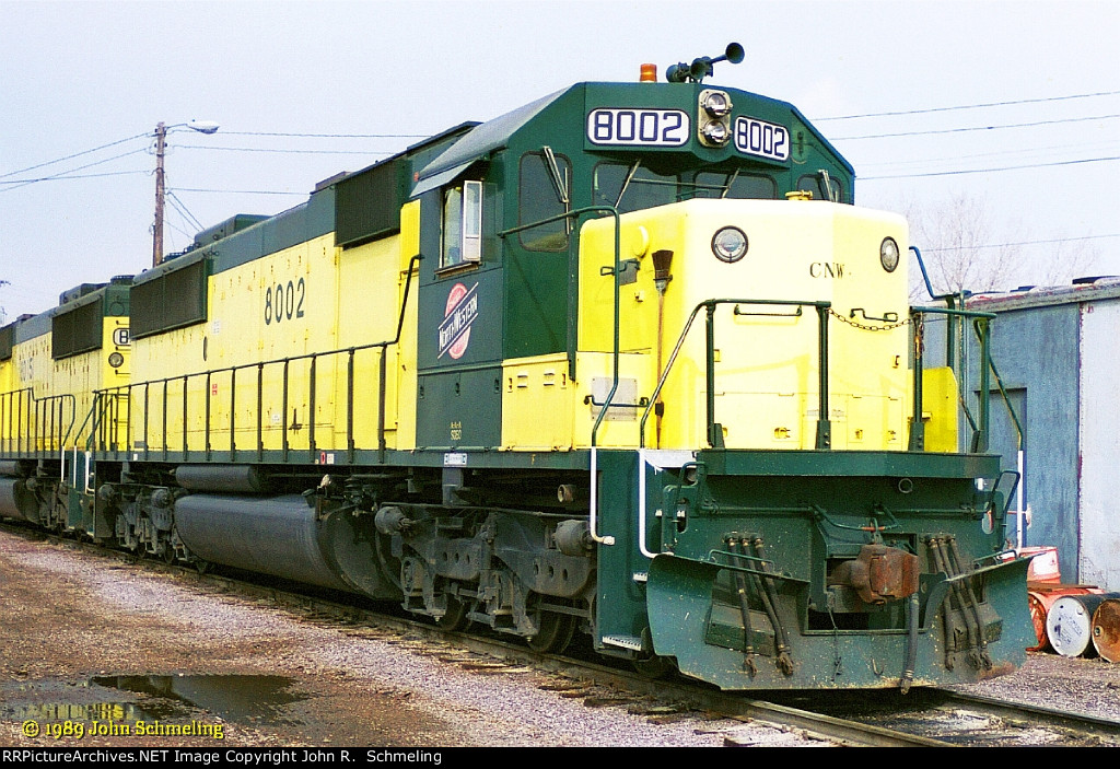 CNW 8002 (SD60) at Mason City IA. 11/19/1989